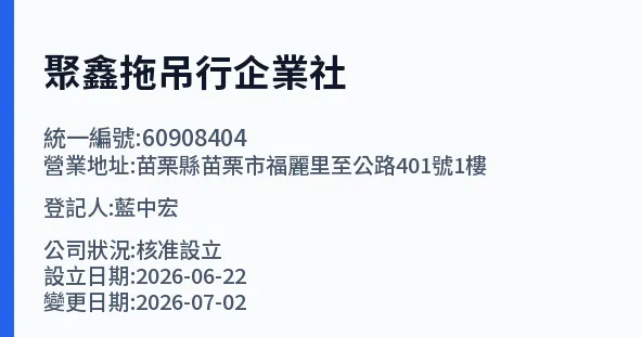 聚鑫拖吊行企業社的照片-統編 60908404(苗栗縣) 公司登記資料與營業項目詳細圖表