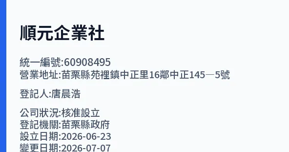 順元企業社的照片-統編 60908495(苗栗縣) 公司登記資料與營業項目詳細圖表
