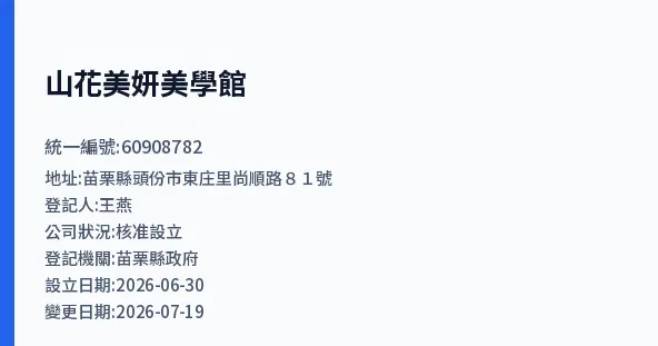 山花美妍美學館的照片-統編 60908782(苗栗縣) 公司登記資料與營業項目詳細圖表
