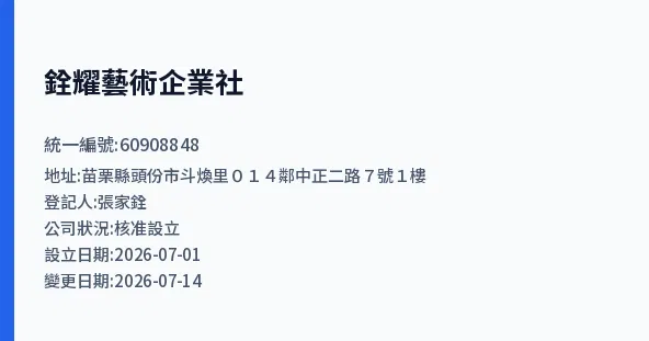 銓耀藝術企業社的照片-統編 60908848(苗栗縣) 公司登記資料與營業項目詳細圖表