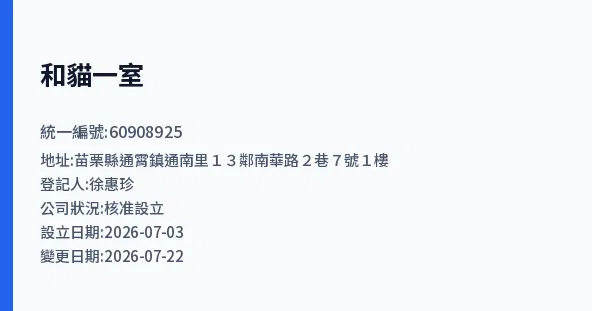 和貓一室的照片-統編 60908925(苗栗縣) 公司登記資料與營業項目詳細圖表