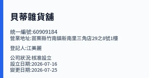 貝蒂雜貨舖的照片-統編 60909184(苗栗縣) 公司登記資料與營業項目詳細圖表