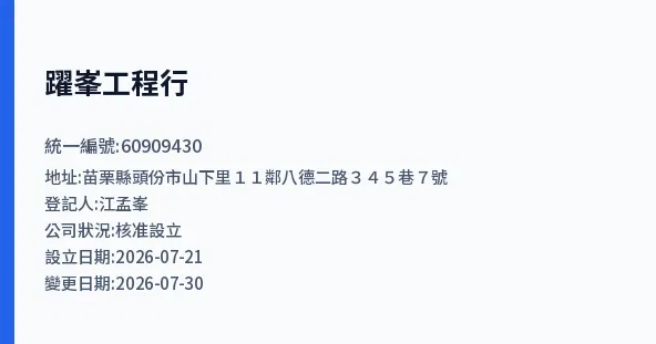 躍峯工程行的照片-統編 60909430(苗栗縣) 公司登記資料與營業項目詳細圖表