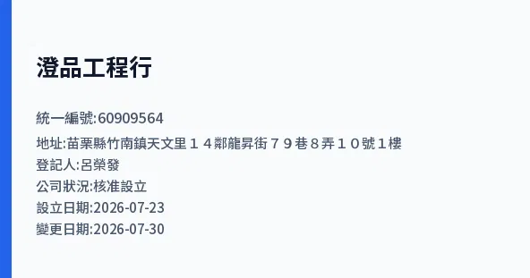 澄品工程行的照片-統編 60909564(苗栗縣) 公司登記資料與營業項目詳細圖表