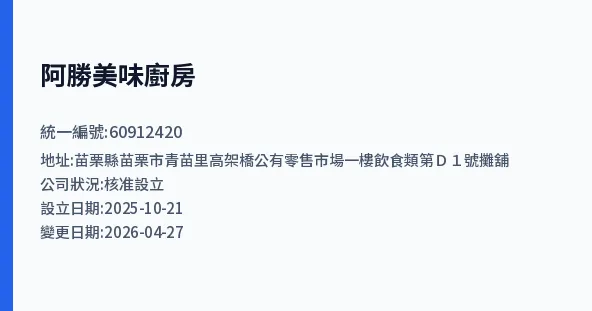 阿勝美味廚房的照片-統編 60912420(苗栗縣) 公司登記資料與營業項目詳細圖表