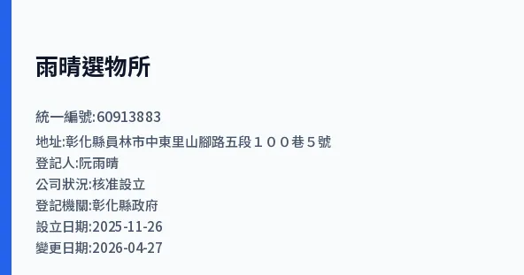 雨晴選物所的照片-統編 60913883(彰化縣) 公司登記資料與營業項目詳細圖表
