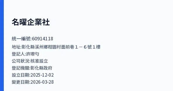 名曜企業社的照片-統編 60914118(彰化縣) 公司登記資料與營業項目詳細圖表