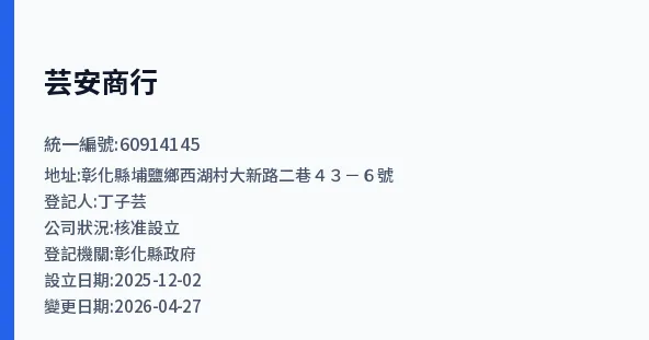 芸安商行的照片-統編 60914145(彰化縣) 公司登記資料與營業項目詳細圖表