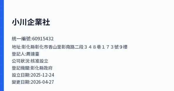 小川企業社的照片-統編 60915432(彰化縣) 公司登記資料與營業項目詳細圖表