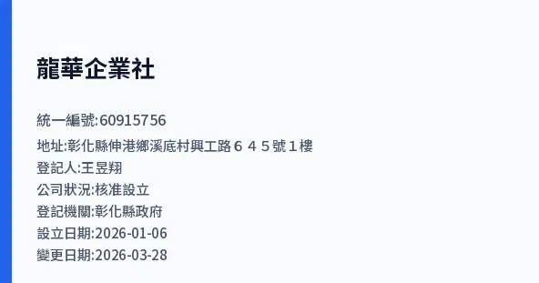 龍華企業社的照片-統編 60915756(彰化縣) 公司登記資料與營業項目詳細圖表