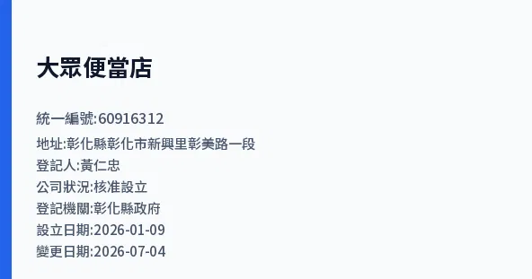大眾便當店的照片-統編 60916312(彰化縣) 公司登記資料與營業項目詳細圖表