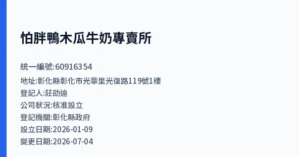 怕胖鴨木瓜牛奶專賣所的照片-統編 60916354(彰化縣) 公司登記資料與營業項目詳細圖表