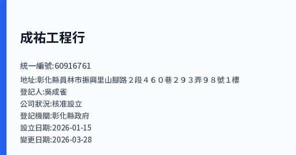 成祐工程行的照片-統編 60916761(彰化縣) 公司登記資料與營業項目詳細圖表