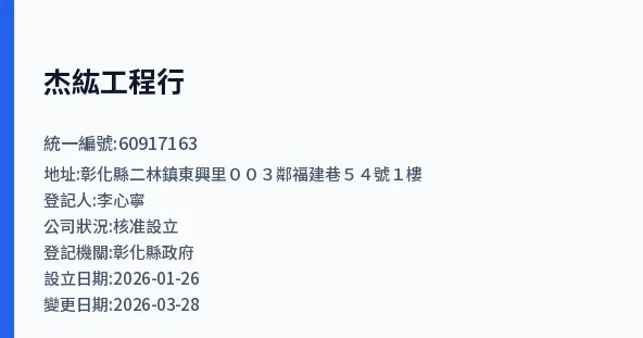 杰紘工程行的照片-統編 60917163(彰化縣) 公司登記資料與營業項目詳細圖表
