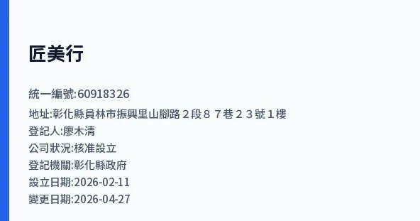 匠美行的照片-統編 60918326(彰化縣) 公司登記資料與營業項目詳細圖表