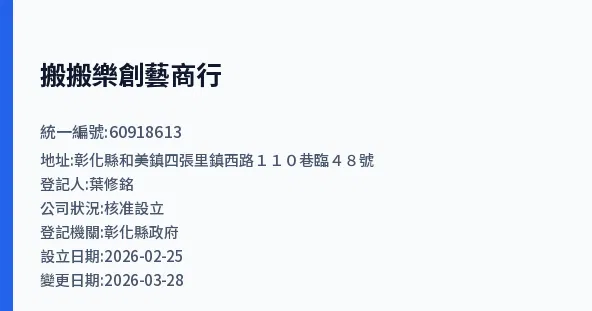 搬搬樂創藝商行的照片-統編 60918613(彰化縣) 公司登記資料與營業項目詳細圖表