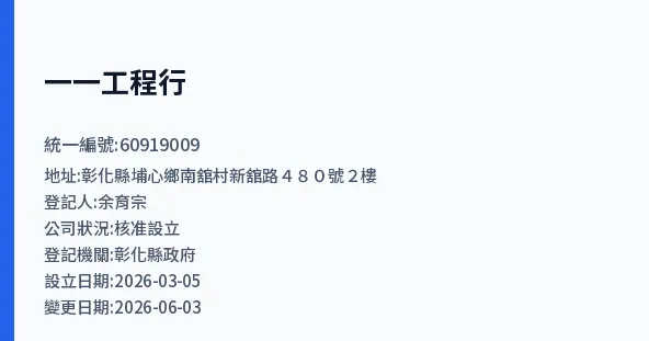 一一工程行的照片-統編 60919009(彰化縣) 公司登記資料與營業項目詳細圖表