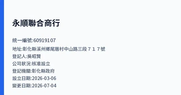 永順聯合商行的照片-統編 60919107(彰化縣) 公司登記資料與營業項目詳細圖表