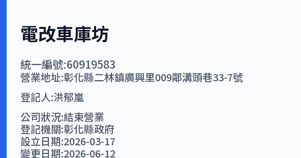 電改車庫坊的照片-統編 60919583 公司登記資料與營業項目詳細圖表