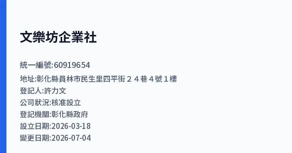 文樂坊企業社的照片-統編 60919654(彰化縣) 公司登記資料與營業項目詳細圖表