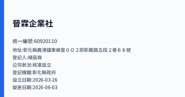 晉霖企業社的照片-統編 60920110(彰化縣) 公司登記資料與營業項目詳細圖表