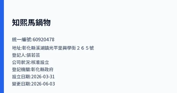 知熙馬鍋物的照片-統編 60920478(彰化縣) 公司登記資料與營業項目詳細圖表