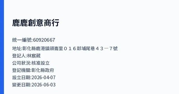 鹿鹿創意商行的照片-統編 60920667(彰化縣) 公司登記資料與營業項目詳細圖表