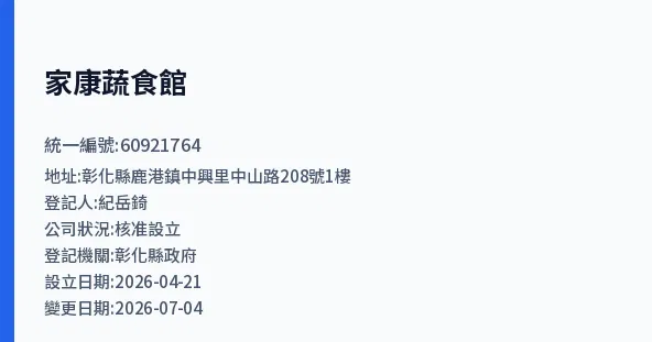 家康蔬食館的照片-統編 60921764(彰化縣) 公司登記資料與營業項目詳細圖表