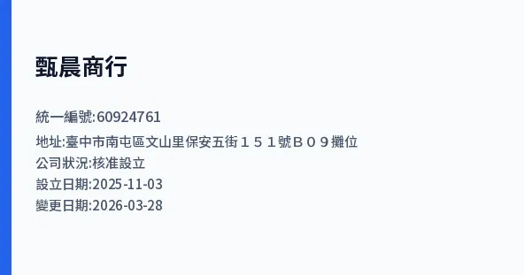 甄晨商行的照片-統編 60924761(臺中市) 公司登記資料與營業項目詳細圖表