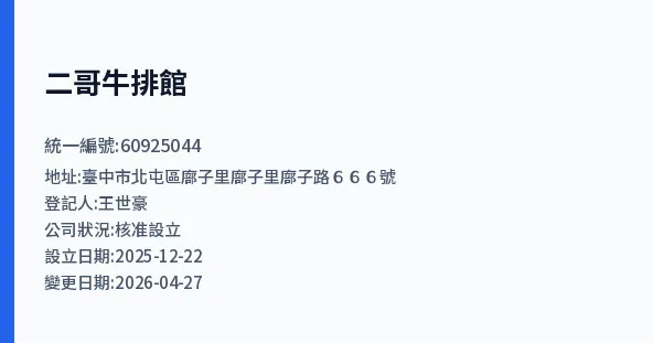 二哥牛排館的照片-統編 60925044(臺中市) 公司登記資料與營業項目詳細圖表