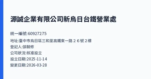 源誠企業有限公司新烏日台鐵營業處的照片-統編 60927275(臺中市) 公司登記資料與營業項目詳細圖表