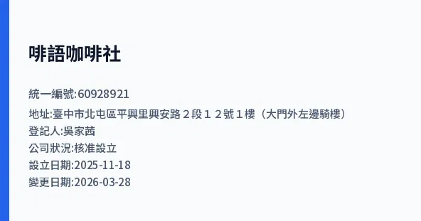 啡語咖啡社的照片-統編 60928921(臺中市) 公司登記資料與營業項目詳細圖表