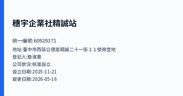穗宇企業社精誠站的照片-統編 60929371(臺中市) 公司登記資料與營業項目詳細圖表