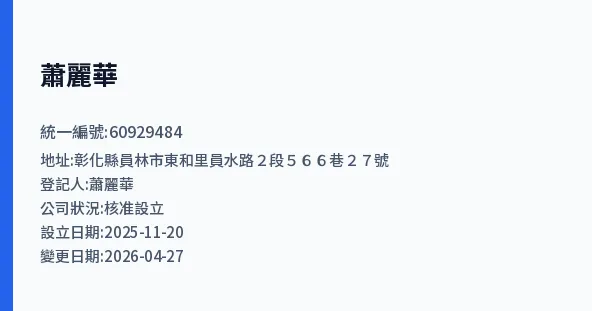 蕭麗華的照片-統編 60929484(彰化縣) 公司登記資料與營業項目詳細圖表