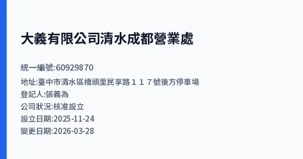 大義有限公司清水成都營業處的照片-統編 60929870(臺中市) 公司登記資料與營業項目詳細圖表
