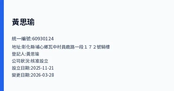 黃思瑜的照片-統編 60930124(彰化縣) 公司登記資料與營業項目詳細圖表