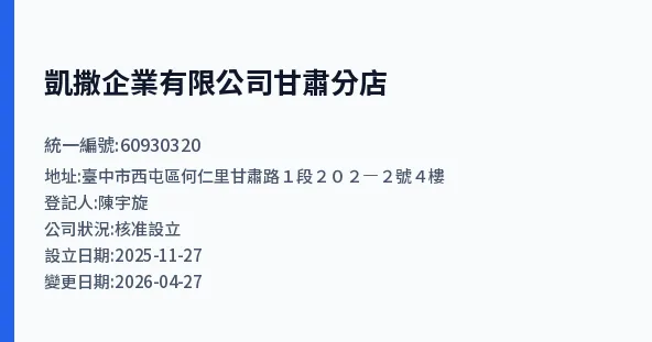 凱撒企業有限公司甘肅分店的照片-統編 60930320(臺中市) 公司登記資料與營業項目詳細圖表