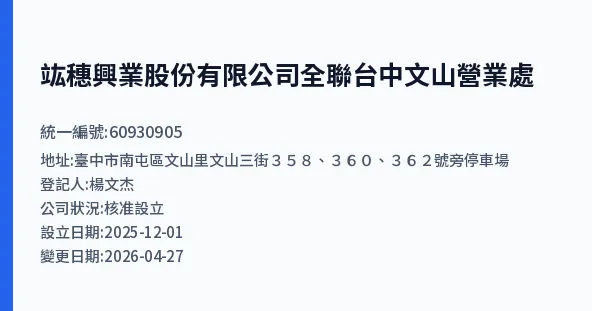 竑穗興業股份有限公司全聯台中文山營業處的照片-統編 60930905(臺中市) 公司登記資料與營業項目詳細圖表