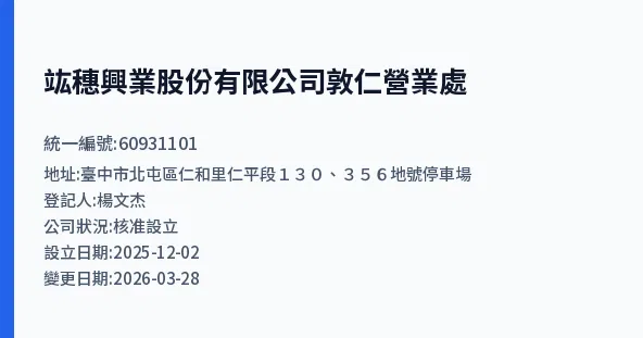 竑穗興業股份有限公司敦仁營業處的照片-統編 60931101(臺中市) 公司登記資料與營業項目詳細圖表
