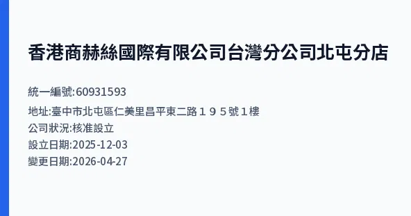 香港商赫絲國際有限公司台灣分公司北屯分店的照片-統編 60931593(臺中市) 公司登記資料與營業項目詳細圖表