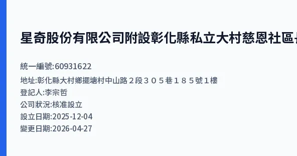 星奇股份有限公司附設彰化縣私立大村慈恩社區長照機構的照片-統編 60931622(彰化縣) 公司登記資料與營業項目詳細圖表