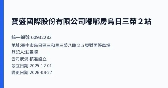 寶盛國際股份有限公司嘟嘟房烏日三榮2站的照片-統編 60932283(臺中市) 公司登記資料與營業項目詳細圖表