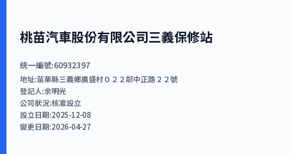 桃苗汽車股份有限公司三義保修站的照片-統編 60932397(苗栗縣) 公司登記資料與營業項目詳細圖表