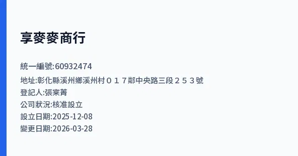 享麥麥商行的照片-統編 60932474(彰化縣) 公司登記資料與營業項目詳細圖表