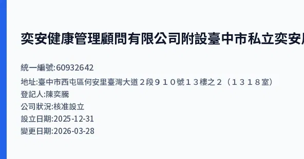 奕安健康管理顧問有限公司附設臺中市私立奕安居家長照機構的照片-統編 60932642(臺中市) 公司登記資料與營業項目詳細圖表