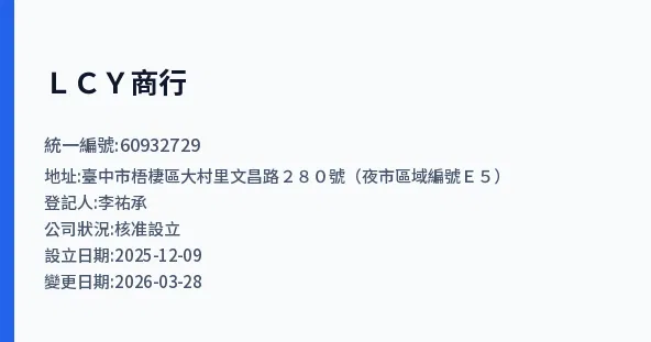 LCY商行的照片-統編 60932729(臺中市) 公司登記資料與營業項目詳細圖表