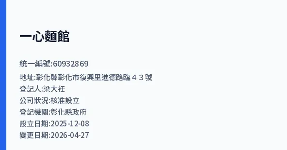 一心麵館的照片-統編 60932869(彰化縣) 公司登記資料與營業項目詳細圖表