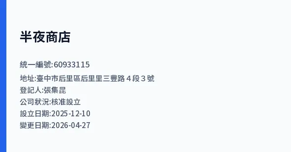 半夜商店的照片-統編 60933115(臺中市) 公司登記資料與營業項目詳細圖表