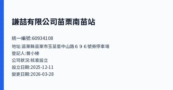 謙喆有限公司苗栗南苗站的照片-統編 60934108(苗栗縣) 公司登記資料與營業項目詳細圖表
