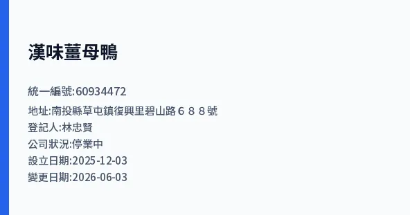 漢味薑母鴨的照片-統編 60934472(南投縣) 公司登記資料與營業項目詳細圖表